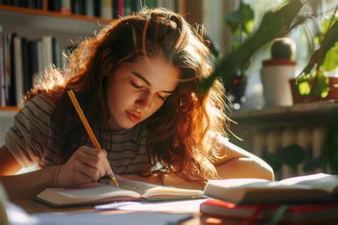 Premium Photo Female Babe Taking Notes From Books For Her Study