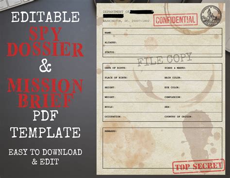 Editable Spy Dossier Pdf Template Customizable Mission Brief Digital