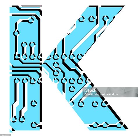 흰색으로 분리된 Pcb 회로 기판 트랙으로 천공된 라틴 디지털 문자 K 현대 디지털 세계의 헤드 라인에 대 한 컬러 대문자 첫