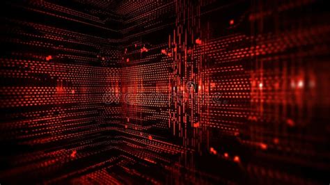 glowing red abstract binary code elements on a dark screen generative