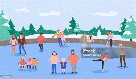 다양 한 웃는 사람들이 스케이트를 타는 아이스 링크 벡터 일러스트 노인에 대한 스톡 벡터 아트 및 기타 이미지 노인 아이스