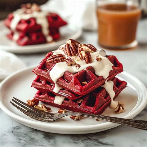 Red Velvet Waffles With Cream Cheese Glaze Decadent Breakfast