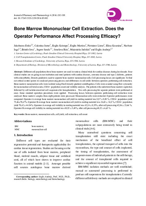 Pdf Bone Marrow Mononuclear Cell Extraction Does The Operator Performance Affect Processing