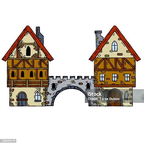 게이트와 다리가있는 오래된 중세 마을 유럽 만화 도시 동화 요새 나무 독일 의 집과 거리 0명에 대한 스톡 벡터 아트 및 기타 이미지 Istock