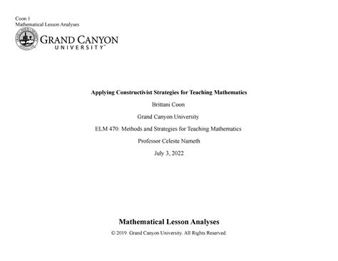 Elm 470 Mathematical Lesson Analyses Mathematical Lesson Analyses Applying Constructivist
