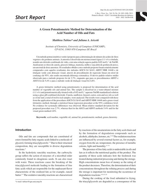 Pdf A Green Potentiometric Method For Determination Of The Acid Number Of Oils And Fats