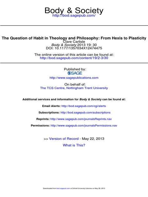 Body And Society The Question Of Habit In Theology And Philosophy From