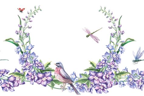 Delphinium과 새의 구부러진 가지와 완벽한 테두리 화장품 과자 옷에 인쇄의 포장 디자인을위한 꽃다발의 고립 된 수채화 그림 가벼운에 대한 스톡 벡터 아트 및 기타