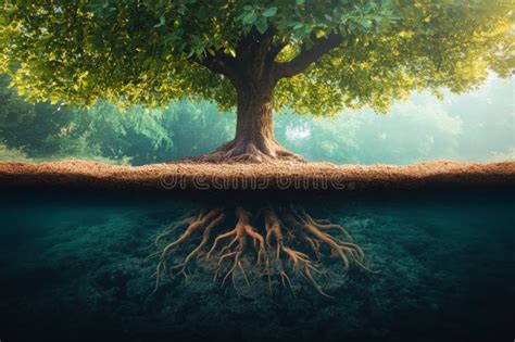 Surreal Image Of A Large Tree With Its Roots Visible Both Above And Below The Ground Stock Image