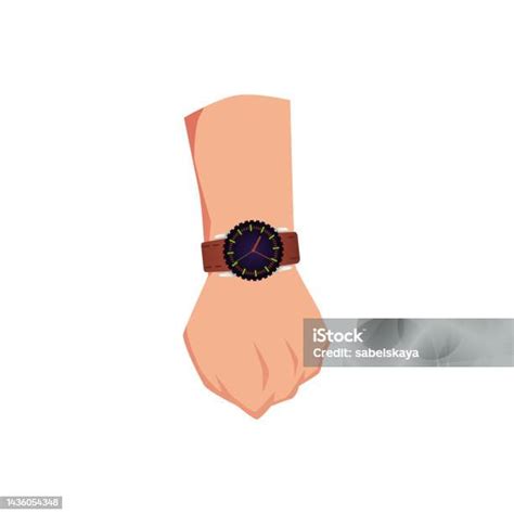 기계식 손목 시계가있는 말린 손 흰색 배경에 고립 된 플랫 벡터 일러스트레이션 개념에 대한 스톡 벡터 아트 및 기타 이미지