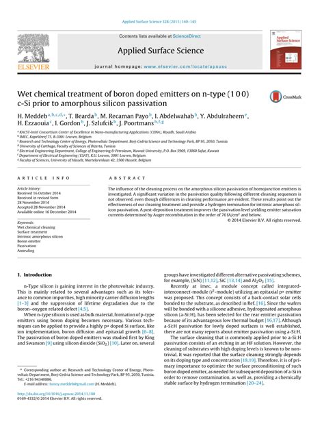 Pdf Wet Chemical Treatment Of Boron Doped Emitters On N Type 100 C Si Prior To Amorphous