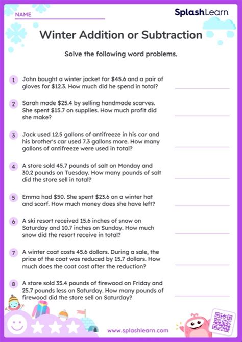 Add Or Subtract Decimal Numbers With 1 Decimal Place Winter Word Problems — Printable Math