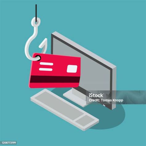 데스크톱 컴퓨터 빨간색 신용 카드 및 파란색 배경에 격리 된 낚시 후크가있는 피싱 사기 벡터 기호 감시에 대한 스톡 벡터 아트 및 기타 이미지 Istock