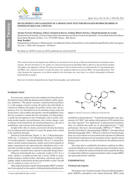 Pdf Development And Validation Of A Dissolution Test For Diltiazem Hydrochloride In Immediate