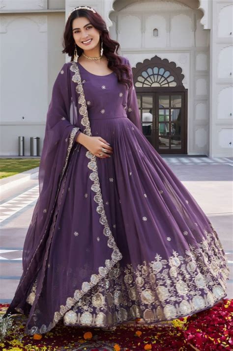 Buy Amethyst Embroidered Faux Georgette Anarkali Gown With Dupatta Online