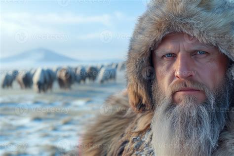Portrait Of An Adult Man With Long White Beard In A Fur Coat On The