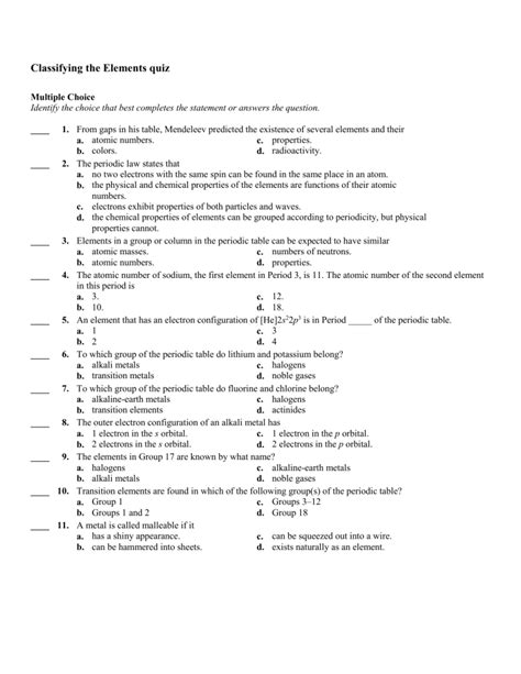 Classifying Elements Quiz Periodic Table And Properties
