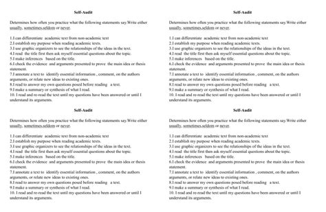 Reading Comprehension Self Audit Checklist