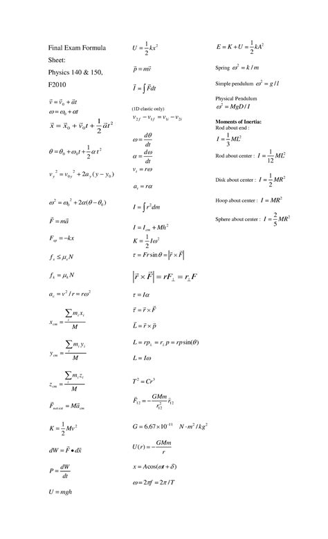 Formula Sheet Final Final Exam Formula Sheet Physics 140 And 150 F V