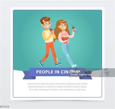 젊은 남자와 여 자가 팝콘 영화 웹사이트 또는 모바일 응용 프로그램에 대 한 영화 배너 평면 벡터 요소에 사람들이와 3d 안경에 다중 색상에 대한 스톡 벡터 아트 및 기타