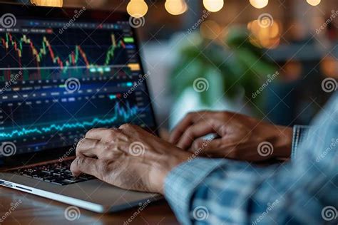 a man working on a laptop analyzing a stock chart displayed on the