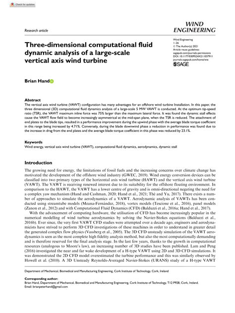 Pdf Three Dimensional Computational Fluid Dynamic Analysis Of A Large Scale Vertical Axis Wind