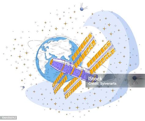 지구 태양 전지 우주선 우주선이 Iss 인공 위성 별과 다른 요소에 의해 둘러싸인 주변 궤도 비행을 비행 하는 우주 정거장 얇은