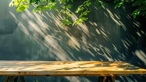 Green Wall Beauty Leaf Shadows And Sunlit Wooden Table Generative Ai
