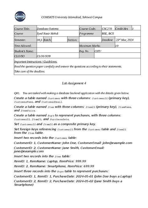 Lab Exercise 4 Database Labs Comsats University Islamabad Sahiwal