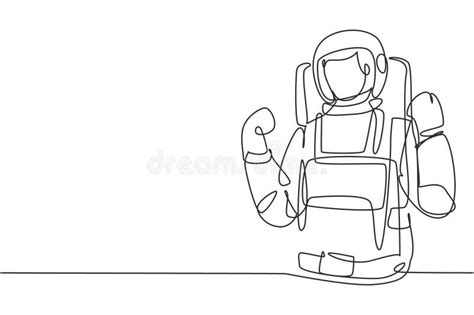 Single Continuous Line Drawing Astronaut With Celebrate Gesture Wearing Spacesuits To Explore