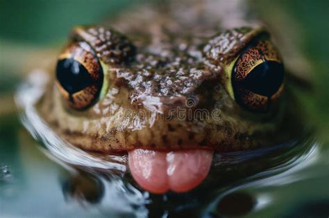 Macro Shot Of A Frog With Colorful Eyes Tongue Out Close Up View