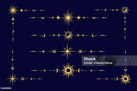 황금빛 달과 별 장식이 있는 신비로운 천상의 테두리 영적인 요소가 있는 점성술 프레임 벡터 칸막이와 난해한 아스트랄 장식의 패턴이 있는 판타지 코너 아르데코에 대한 스톡