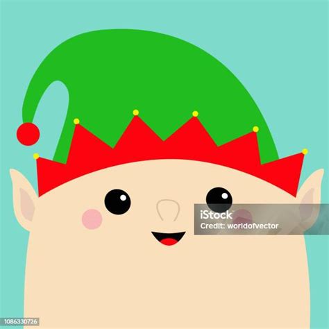 산타 요정 얼굴 머리 아이콘입니다 녹색 모자입니다 즐거운 성탄절 새 해입니다 귀여운 만화 재미 귀여운 아기 캐릭터입니다 인사말 카드입니다 평면 디자인 파란색 배경 개체