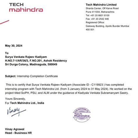 Kadiyam Surya Venkata Rajeev On Linkedin Techmahindra Embeddedengineer Internship