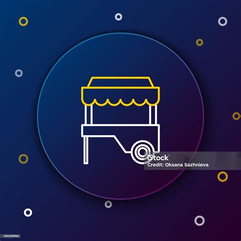 흰색과 노란색 선 진한 파란색 배경에 분리된 차양 아이콘이 있는 빠른 길거리 음식 카트 도시 키오스크 다채로운 개요 개념입니다