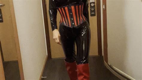Pvc Catsuit Boots And Leather Corset Tease Latex Rubber Girl Fun