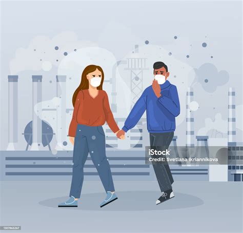 보호 얼굴 마스크를 착용 하는 아이 그룹 사람들 공장의 흡연 파이프의 배경에 중국 바이러스 코로나 바이러스 전염병 오염 된 거리에 대 한 보호 산업 연기 먼지 보호 마스크에