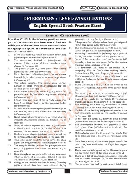 Determiners Advance Level Practice Sheet Pdf Plural Grammatical