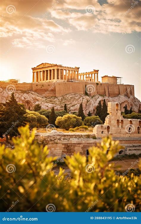 Golden Sunset At Acropolis Majestic Parthenon In Athens Greece Stock