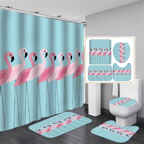 4 Pcs Pink Flamingo Printed In Blue Shower Curtain Sets With Non Slip