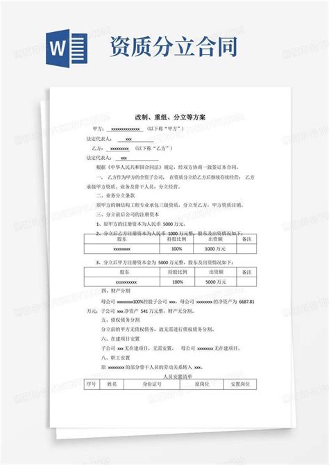 资质分立 改制重组分立等方案Word模板下载 编号qjvwjpoz 熊猫办公