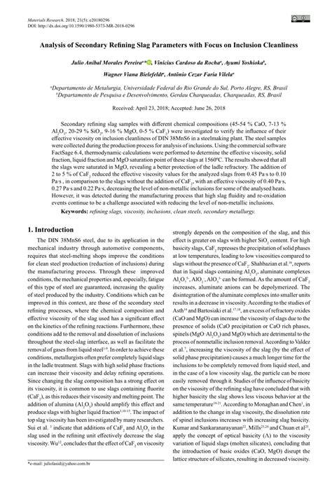 Pdf Analysis Of Secondary Refining Slag Parameters With Focus On Inclusion Cleanliness