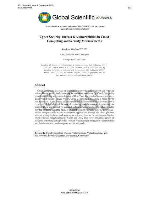Cyber Security Threats And Vulnerabilities In Cloud Computing And Security Measurements Pdf