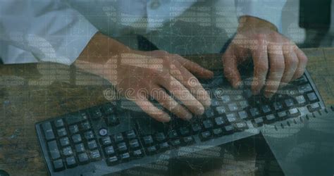 Hands Typing On Keyboard With Digital Data Overlay Focusing On Technology Concept Stock Image