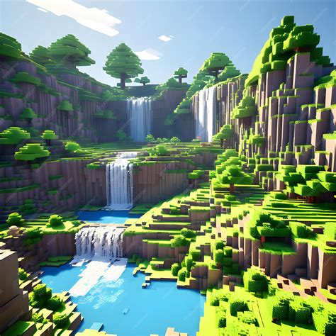 Minecraft Voxel Inspired Landscape With Waterfalls Amazing Nature View