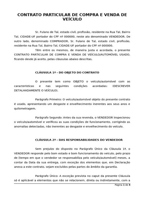Modelo De Contrato Particular De Compra E Venda De Veículo Pdf