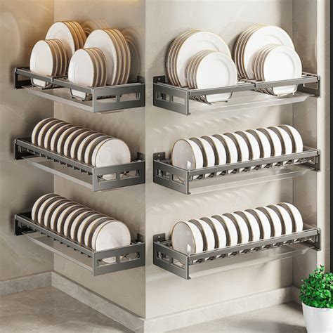 ปืนสีเทาชั้นวางจานท่อระบายน้ําชั้นวางห้องครัวเจาะฟรีติดผนังจานชั้นเก็บมัลติฟังก์ชั่ชั้นเก็บจาน