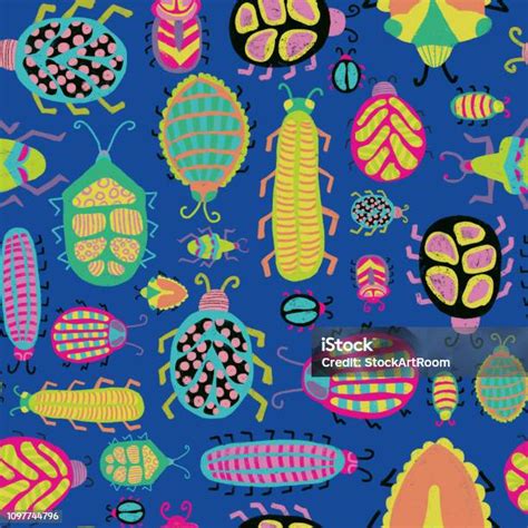 파란색 배경 완벽 한 패턴의 화려한 곤충 열 대 벌레 딱정벌레 바퀴벌레 애벌레 웜 어린이 시장 직물 종이 가정 장식 학교 선물 포장 생일 초대에 대 한 0명에 대한 스톡