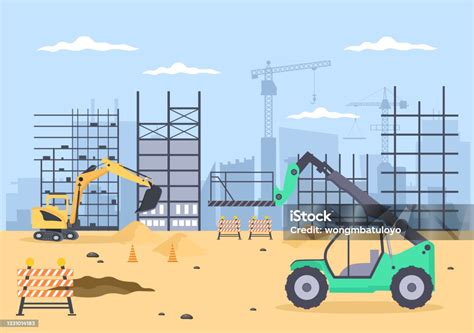 건물 벡터 일러스트레이션의 구성 건축은 기초를 만든다 콘크리트를 부어 굴삭기 발굴 기계 타워 크레인을 사용합니다 부동산 만화 사업 개발에 대한 스톡 벡터 아트 및 기타