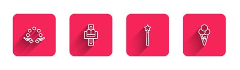 세트 라인 저글링 볼 어트랙션 회전 목마 마술 지팡이 및 긴 그림자가 있는 아이스크림 와플 콘 빨간색 사각형 버튼입니다 벡터 균형에 대한 스톡 벡터 아트 및 기타 이미지